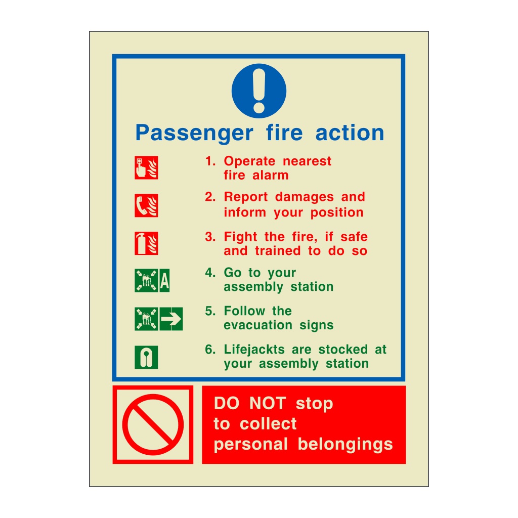 Passenger fire action (Marine Sign) | British Safety Signs
