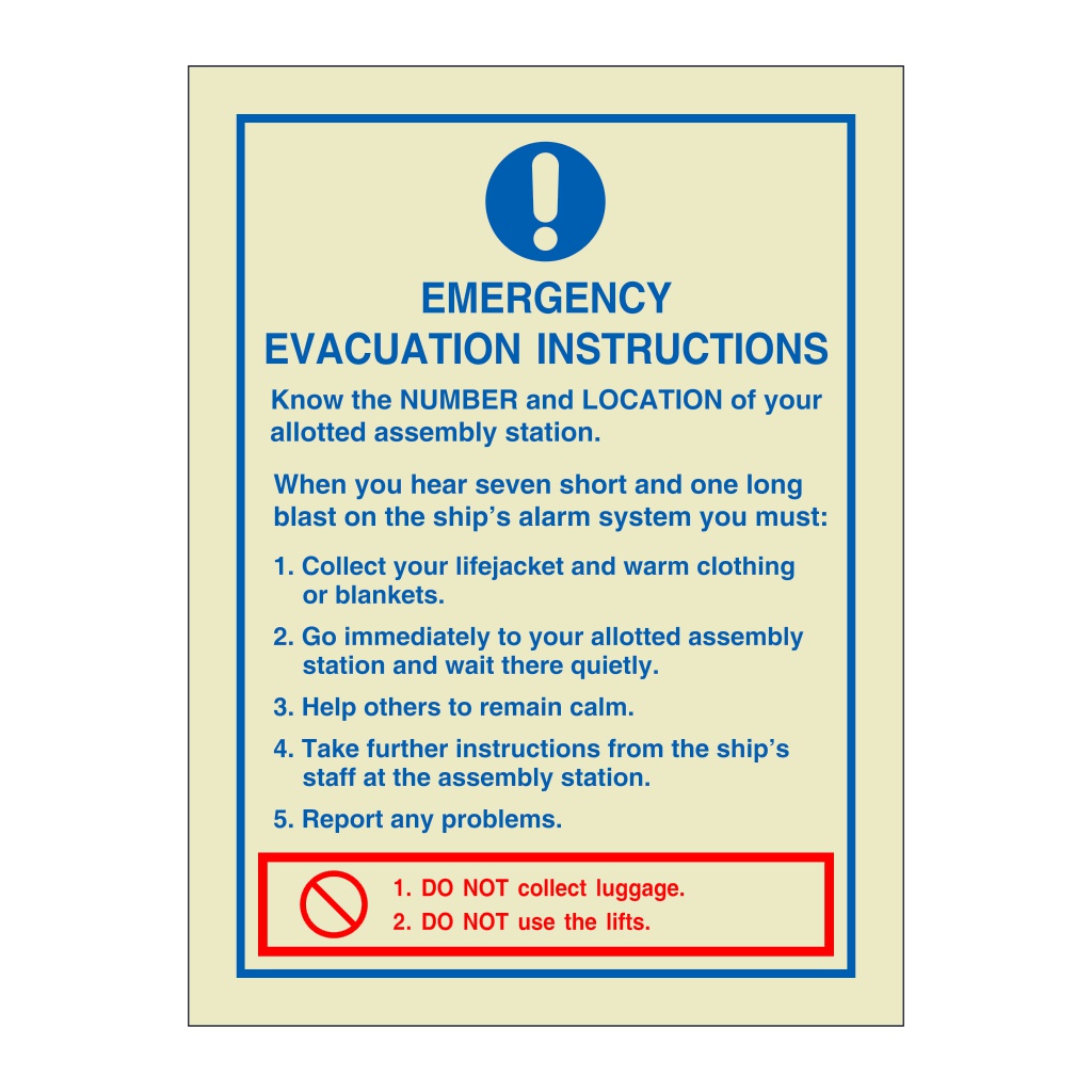 Emergency evacuation instructions (Marine Sign) | British Safety Signs