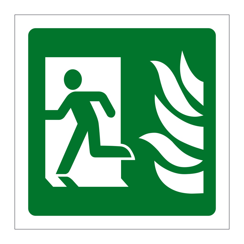 Running man & flame symbol pointing left sign | British Safety Signs