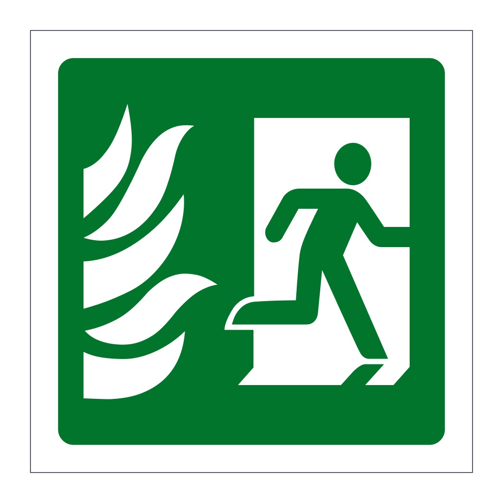 Running man & flame symbol pointing right sign | British Safety Signs
