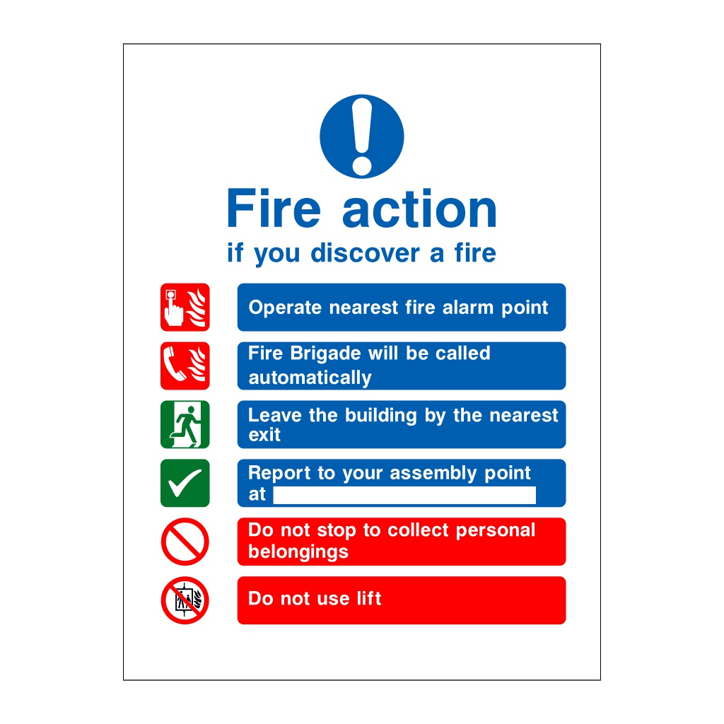Fire Action Sign with Symbols Building with Lift/Fire Brigade called ...