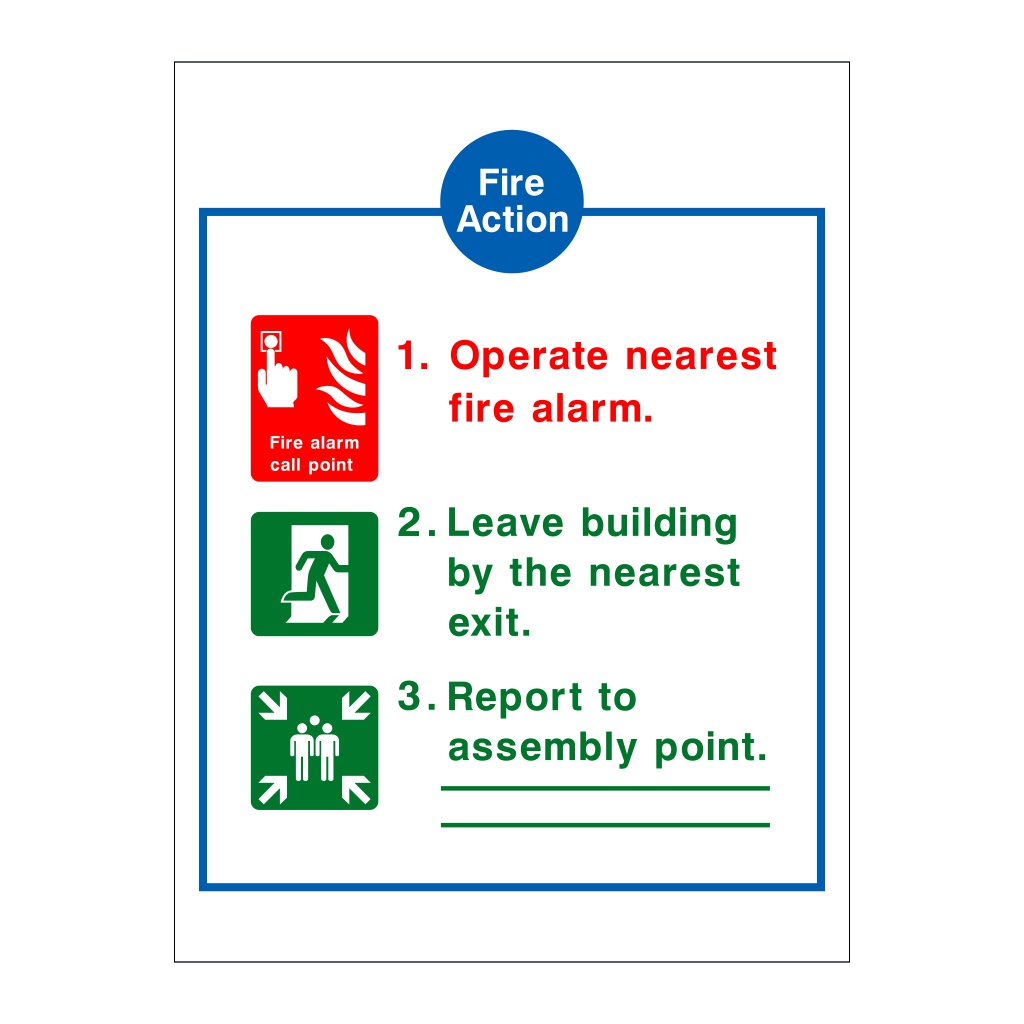 Fire Action Sign 3 point with symbols | British Safety Signs