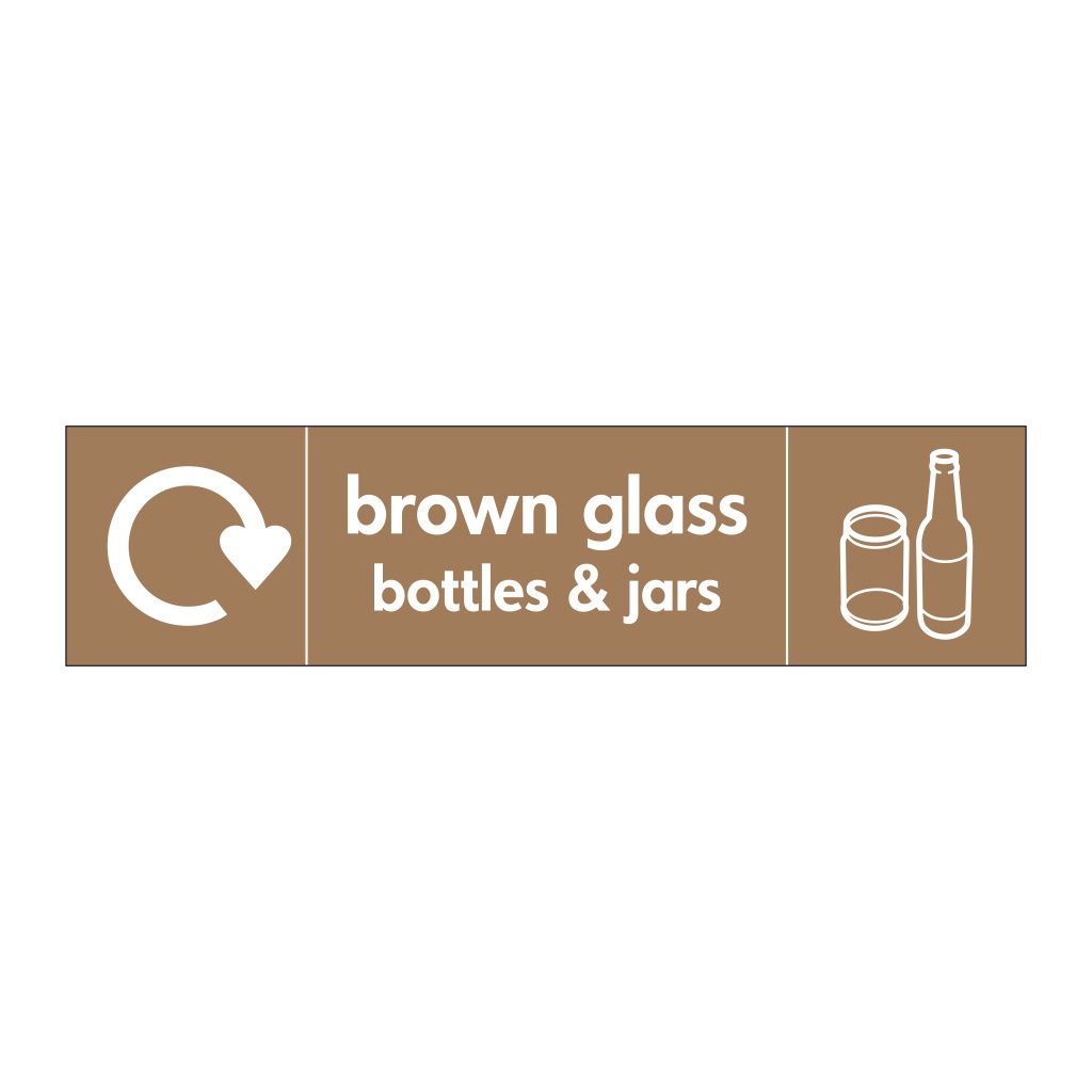 Brown glass bottles & jars with WRAP recycling logo & icon sign ...