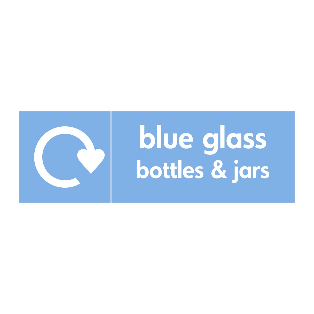 Blue glass bottles & jars with WRAP recycling logo sign | British ...