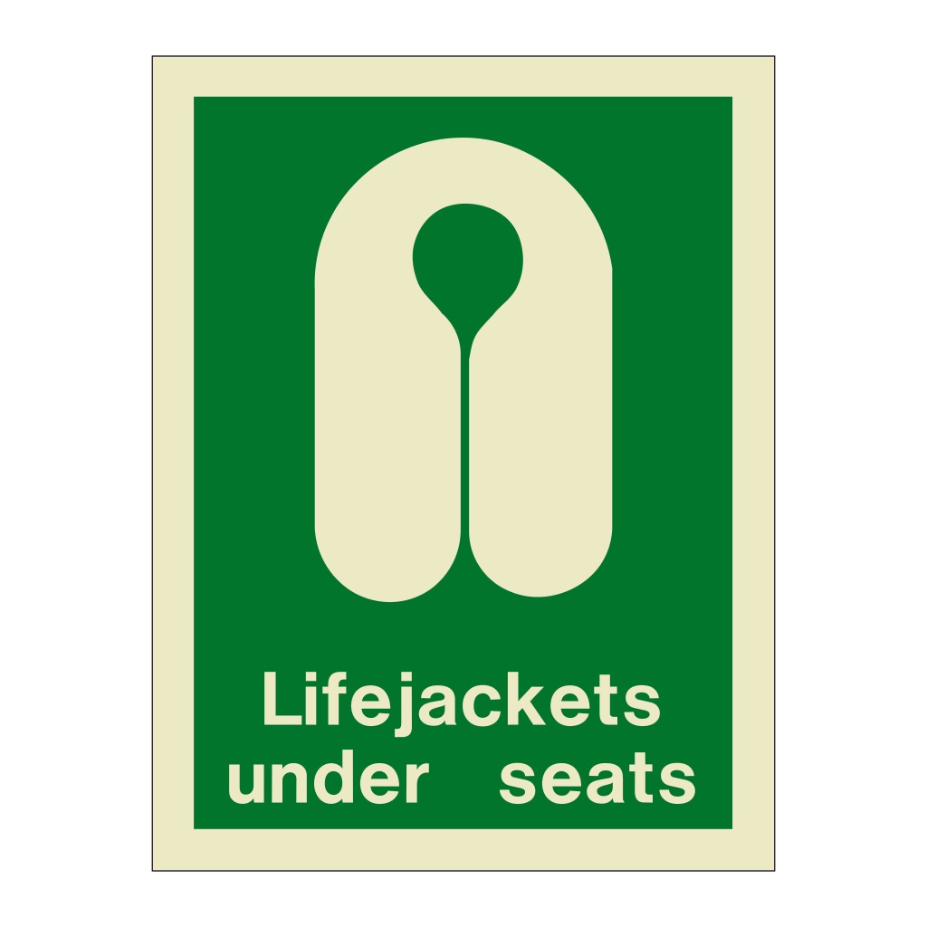 Lifejackets under seats with text (Marine Sign) | British Safety Signs