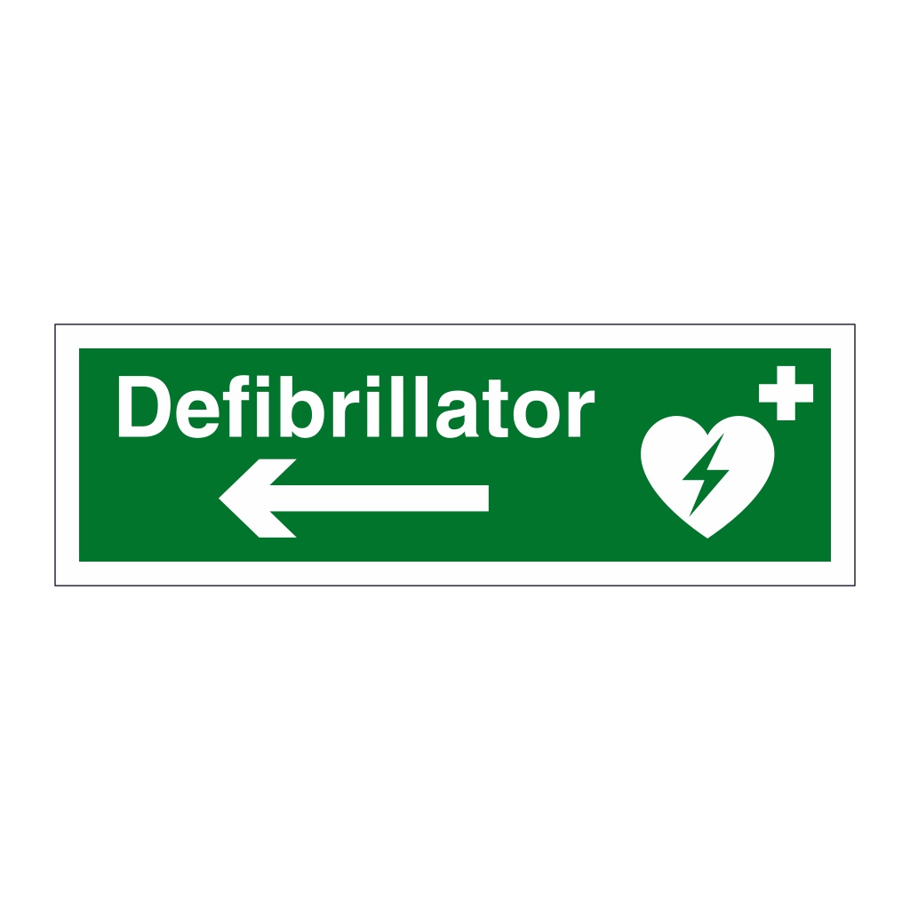 Defibrillator arrow left sign | Manufactured by British Safety Signs