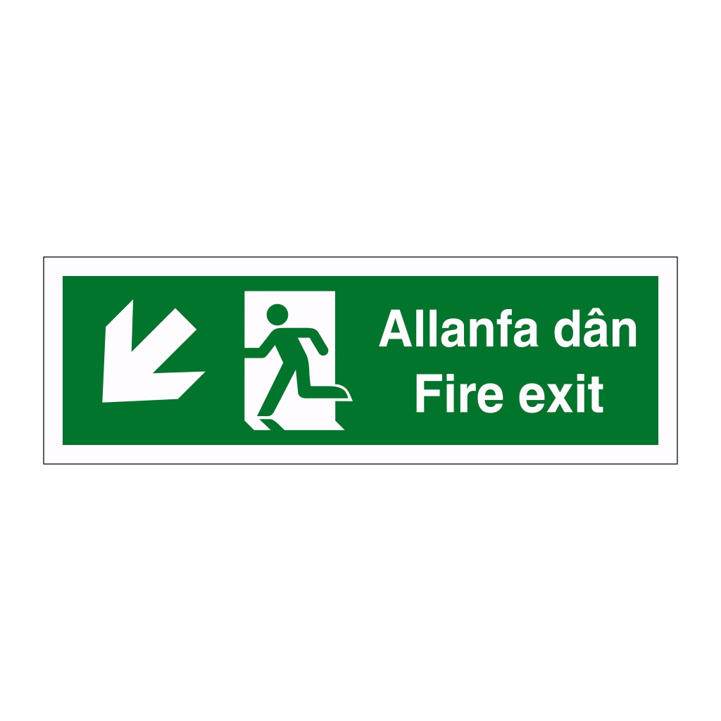 Fire exit arrow down left English/Welsh sign | British Safety Signs