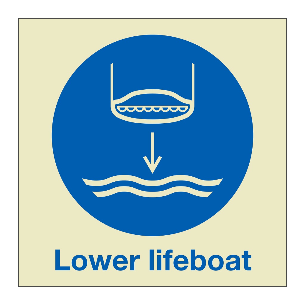 Lower lifeboat to the water with text (Marine Sign) | British Safety Signs