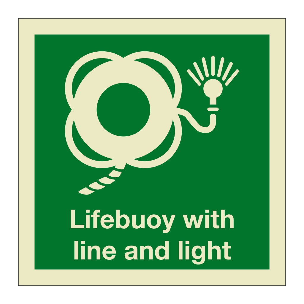 Lifebuoy with line and light with text (Marine Sign) | British Safety Signs