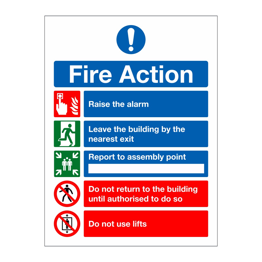 Fire action sign with symbols | British Safety Signs